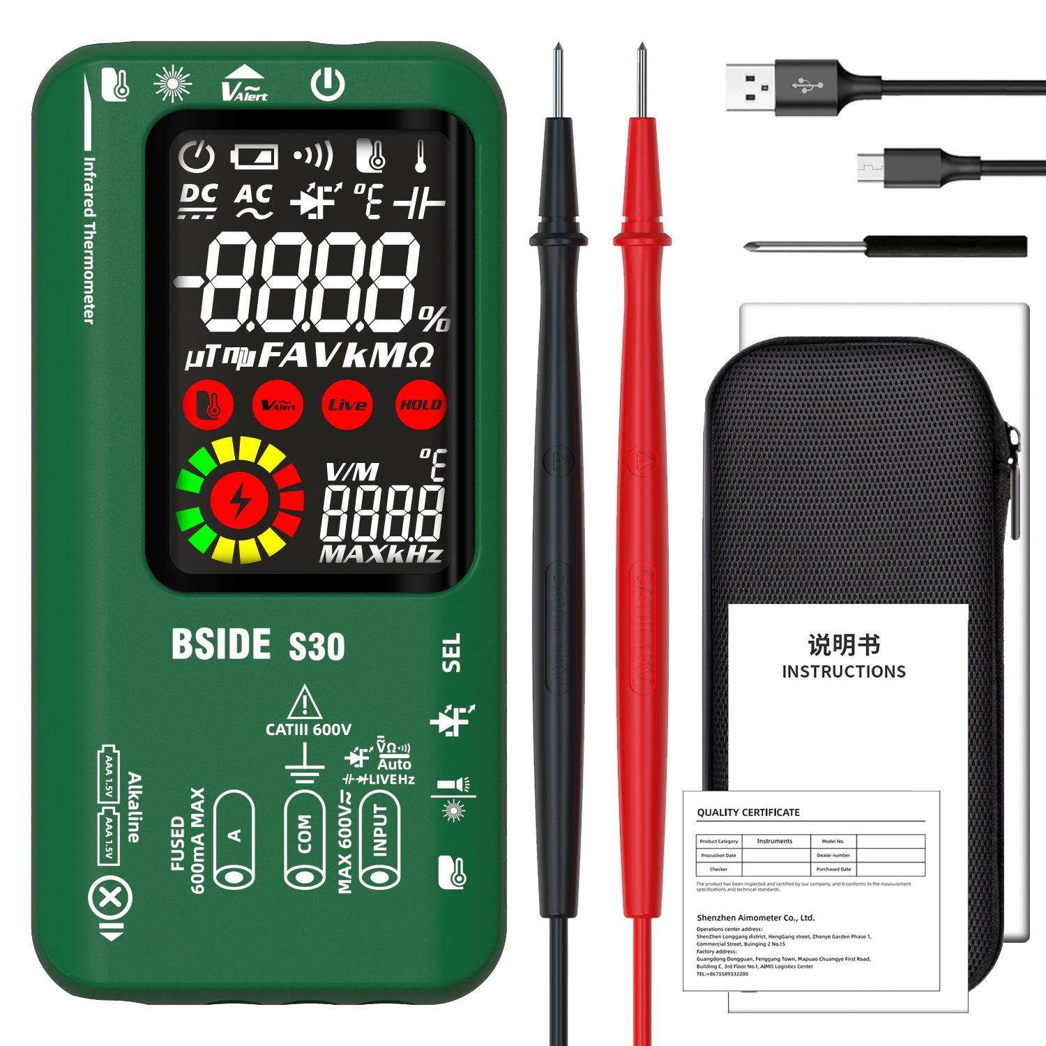 BSIDE S30 Digital Multimeter Smart Infrared Temperature 15V Diode LED